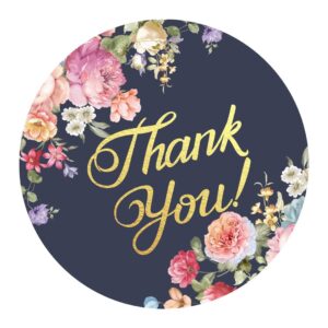 fedyufook round elegant floral thank you party favor stickers - 2 inches - 50 labels, black and gold