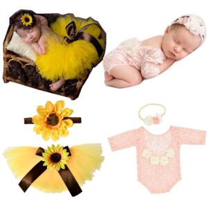 brenaly newborn photography prop infants baby sunflower tutu skirt and pink lace rompers flower headband sets shoot outfits for 0-6 months baby girls