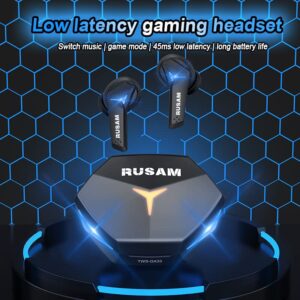 RUSAM GA33 TWS Game Earbuds True Wireless Stereo Headset Low Latency Bluetooth 5.2 Headphones Wireless Deep Bass Touch Control Earbuds HD Physical Noise Cancellation Earphones,White