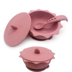 baby bowls with lids and spoons first stage, santi & me bowls with suction and spoon silicone feeding set perfect for baby dishes and utensils set(dark pink)