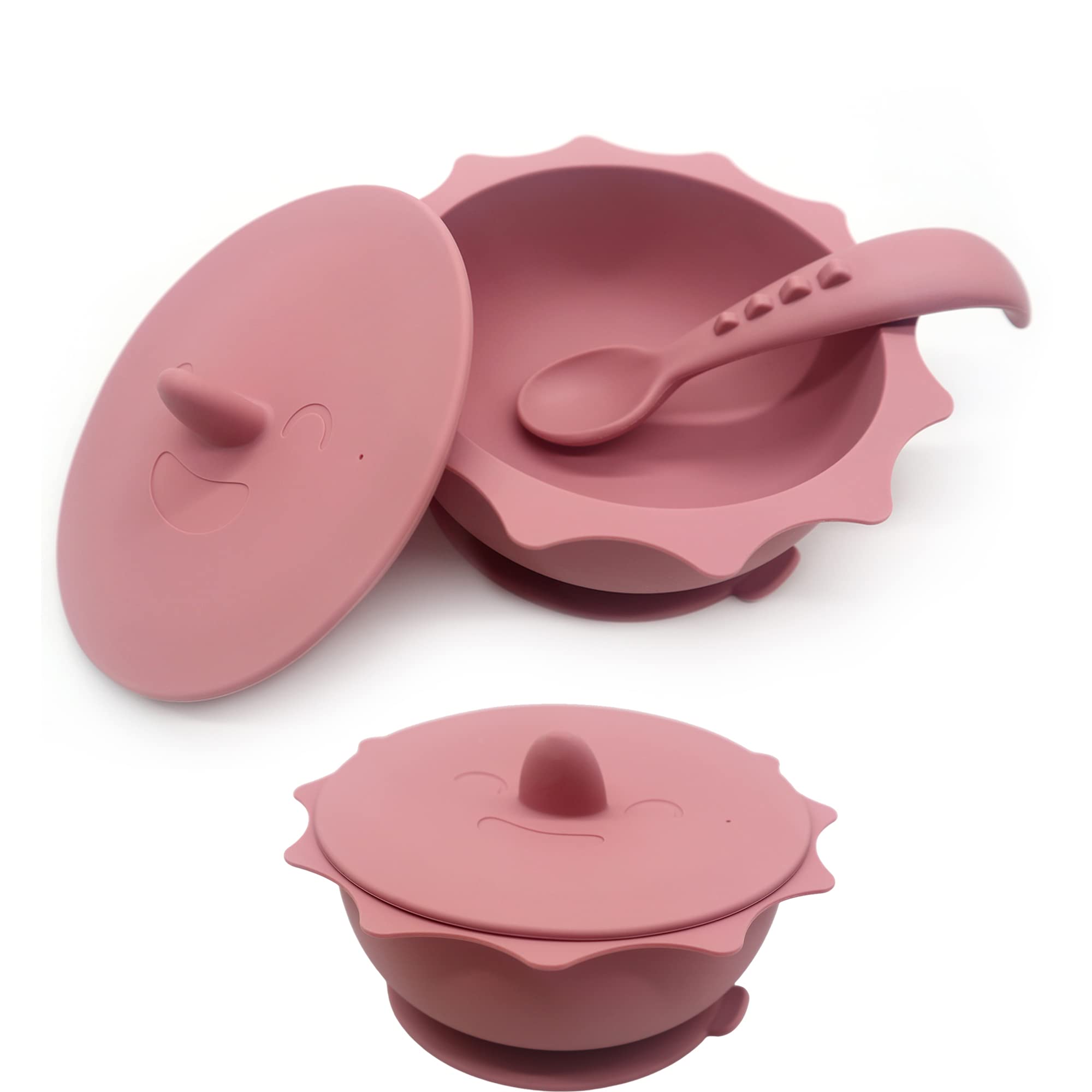 Baby Bowls with Lids and Spoons First Stage, Santi & Me Bowls with Suction and Spoon Silicone Feeding Set Perfect for Baby Dishes and Utensils Set(Dark Pink)