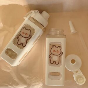 Kawaii Water Bottle With Straw And Sticker 23.6oz Cute Water Bottle For Kids Girls No Leak Large Sport Plasti Portable Square Drinking Bottle For Kids Girls School Supplies, White, 24