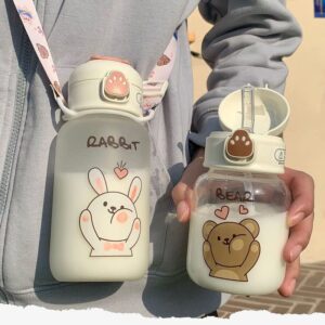 BXCNCKD Kawaii water bottle cute water bottle with straw glass safety water bottle portable strap water bottle(Bunny,500ml)