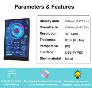 WOWNOVA English Version Computer Temp Monitor, PC Sensor Panel Display, PC Temperature Display for PC ARGB Computer Case Secondary Screen, IPS USB Mini Screen PC CPU RAM HDD Data Monitor