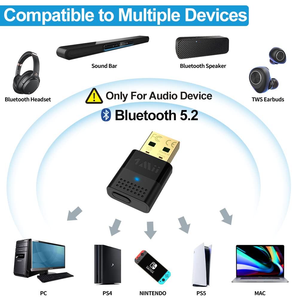 1Mii Bluetooth 5.2 USB Audio Transmitter Adapter for PC PS4 PS5 Wireless Audio Dongle with aptX Low Latency for Connecting Bluetooth Headphones Speakers (Only Support Audio Devices)