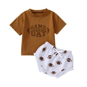 endorothii infant baby boy football outfit game day print short-sleeve t-shirt tops and shorts summer clothes set (6-12 months,brown)