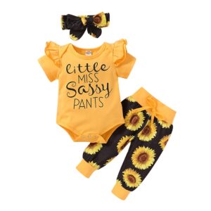 cabucale baby girl sunflower printing newborn babysuit long pants t shirt kids toddler children tops outfits with hairband