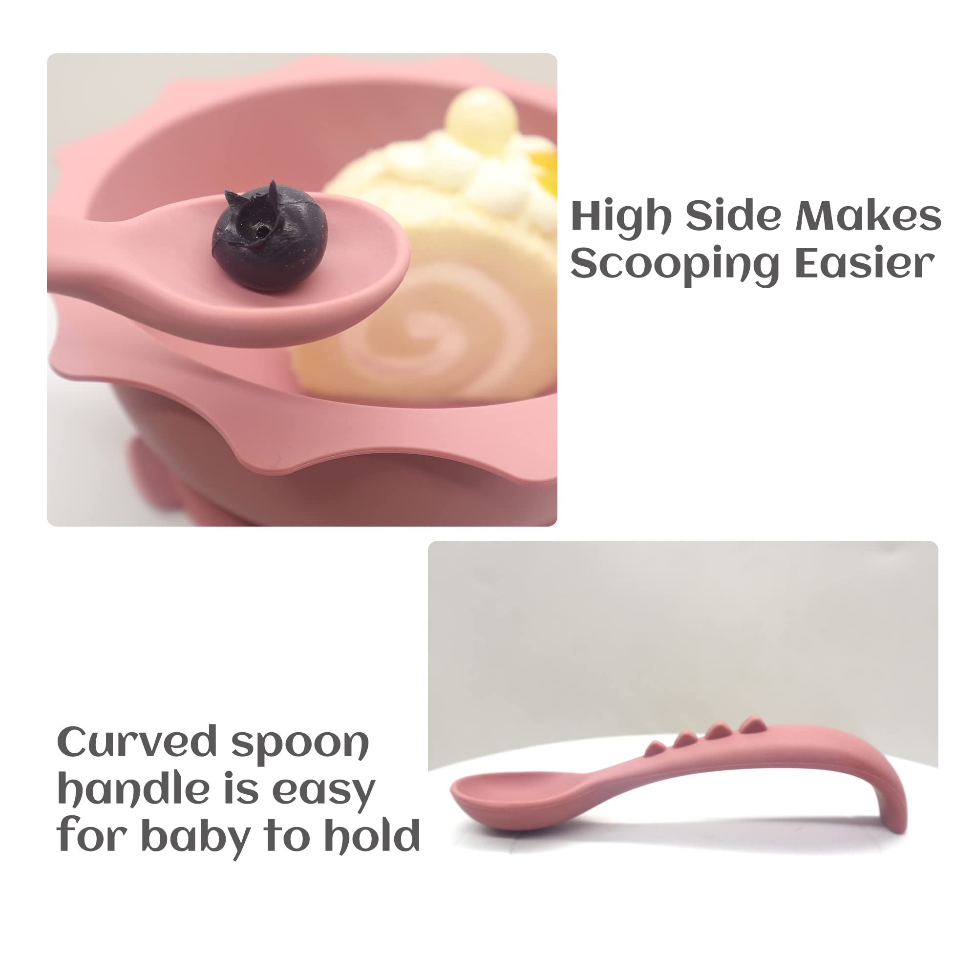 Baby Bowls with Lids and Spoons First Stage, Santi & Me Bowls with Suction and Spoon Silicone Feeding Set Perfect for Baby Dishes and Utensils Set(Dark Pink)