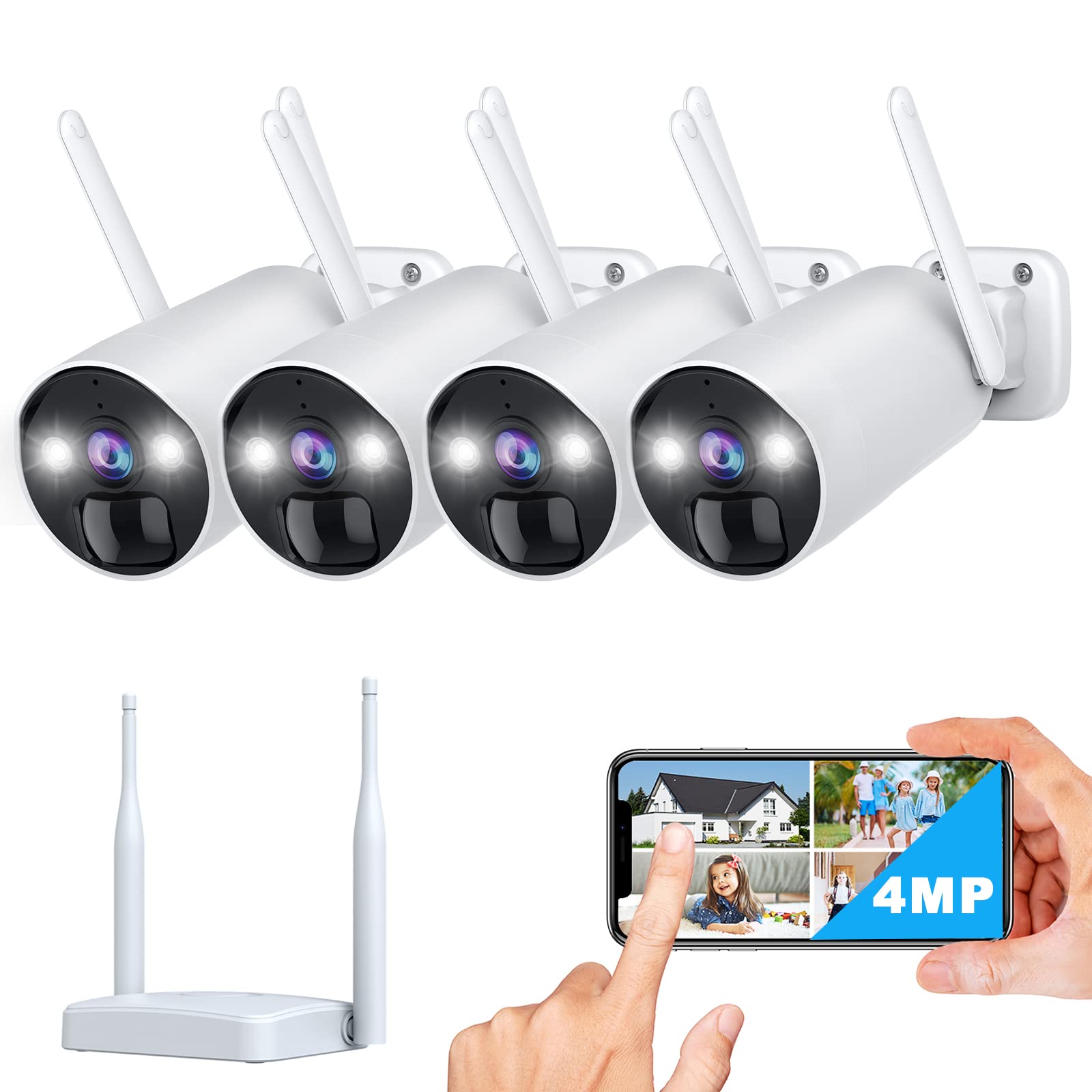 CAMCAMP 100% Wire-Free Wireless 4 Security Camera System with Months Battery Life, 2 Way Audio, APP Remote(Include Base Station & 4 Camera), IP66 Waterproof 4MP Color Night Vision Motion Detection