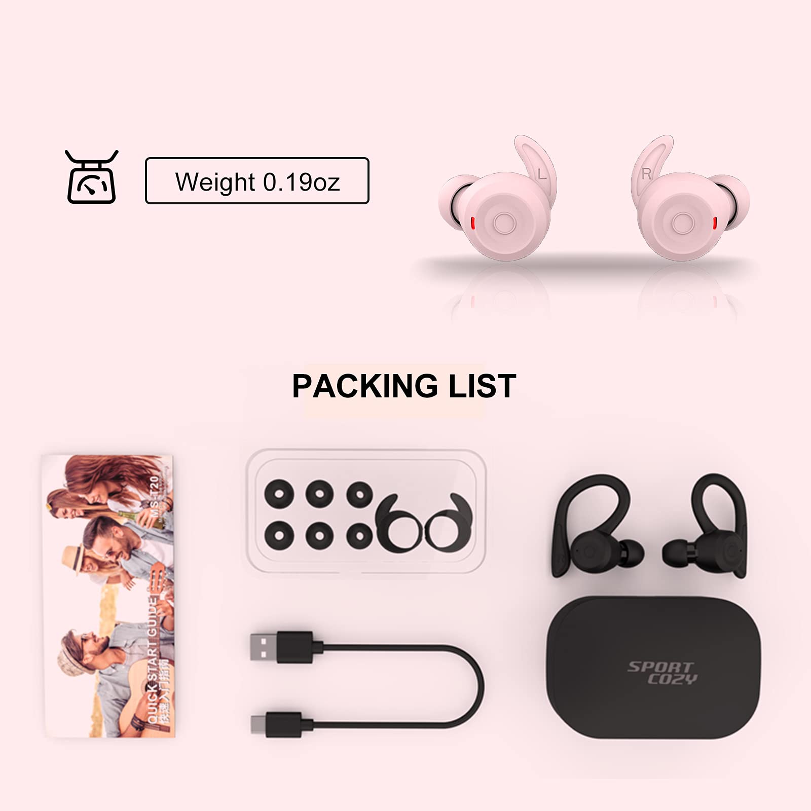 Pink Wireless Earbuds with Earhooks Bluetooth Earbuds with Ear Hook Waterproof Sport Headphones Noise Cancelling Ear Buds with Microphone Long Battery Life Earphones for Running Workout Android iOS