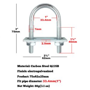 20 Pack Round U-Bolts 33.4mm Inner Width fit Accept for Nominal Pipe Size:1"(OD 1-1/4" Pipe), Steel M7 Round Bend U Bolt Pipe Clamp with Nut, Plate,Washer