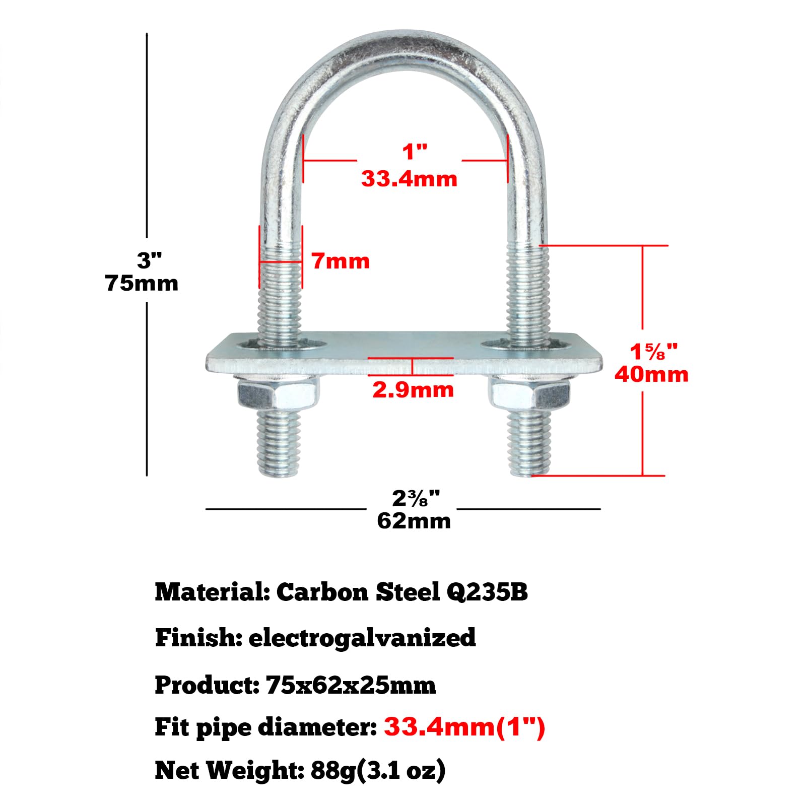 20 Pack Round U-Bolts 33.4mm Inner Width fit Accept for Nominal Pipe Size:1"(OD 1-1/4" Pipe), Steel M7 Round Bend U Bolt Pipe Clamp with Nut, Plate,Washer