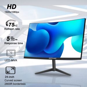 DUODUOGO 24 Inch Curved Computer Monitor 75Hz 2800R Curvature Full HD 1920x1080 LED Screen Monitor for Business, HDMI, VGA, 5ms Response Time