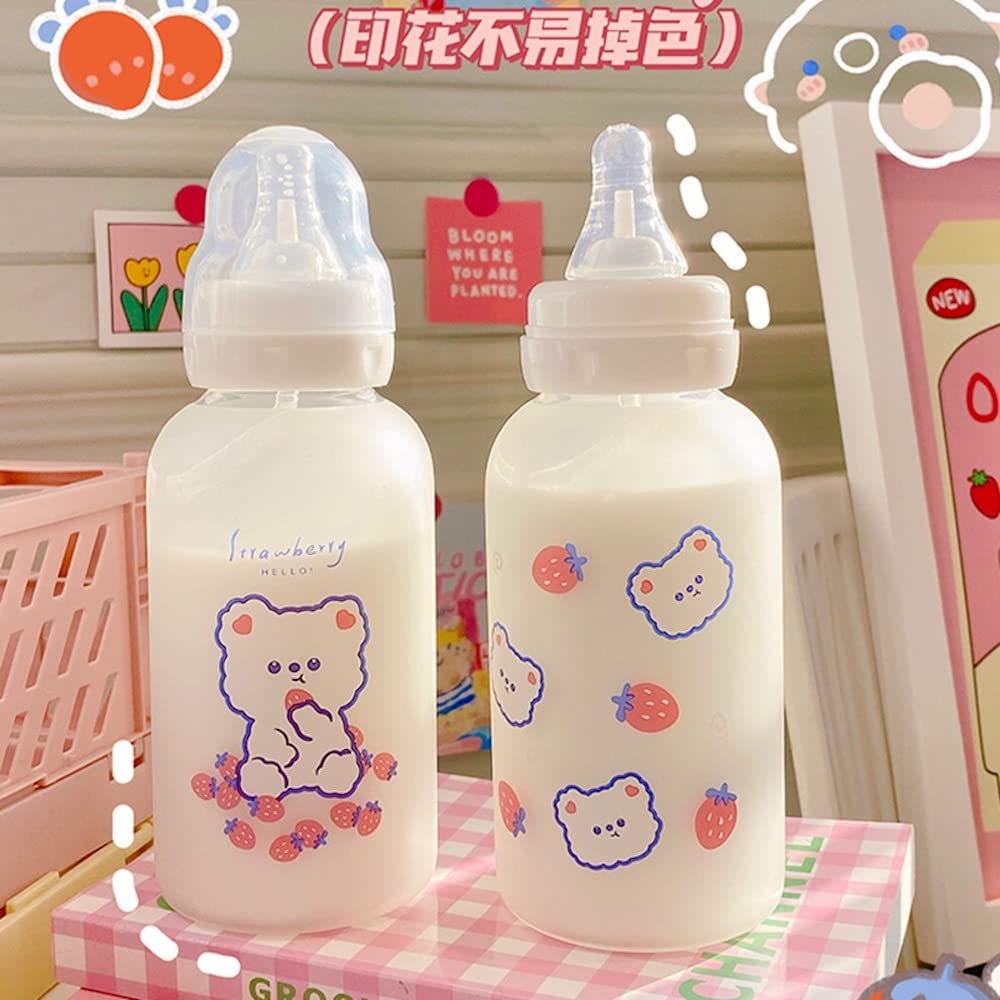 JHTPSLR Strawberry Bear Glass Water Bottle with Nipple Sippy 11oz Kawaii Water Bottle for Adults Sports Office Cute Frosted Borosilicate Drinking Bottle Portable Water Jug (B)