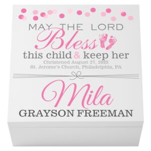 let's make memories personalized keepsake box for baptism - memories box - memento storage - for girls (pink) - 6" hx12 sq