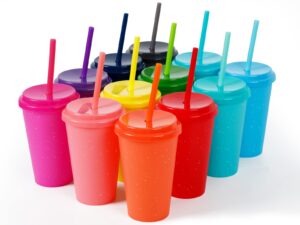 tumblers kids cups with straws & lids: 12 pack 12 oz colored reusable plastic drinking cups - cute toddlers cups for cold iced drink - bulk children travel tumblers