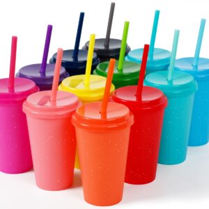 Tumblers Kids Cups with Straws & Lids: 12 Pack 12 oz Colored Reusable Plastic Drinking Cups - Cute Toddlers Cups for Cold Iced Drink - Bulk Children Travel Tumblers