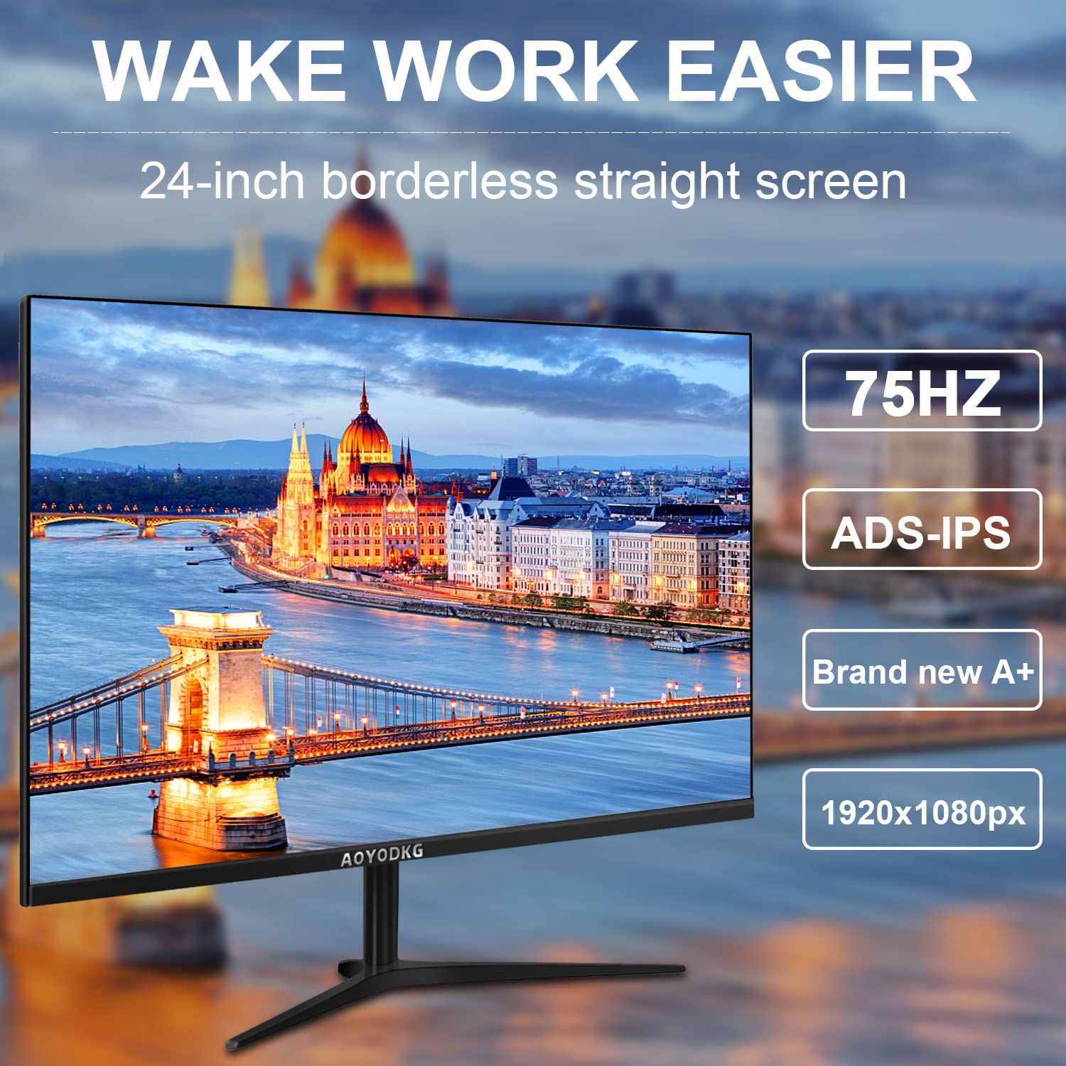 AOYODKG 24" Professional Thin 75Hz 1080p LED Monitor Frameless 5MS Response Time Computer Screen, sRGB 99%, 3000:1 + DC/HDMI/VGA, Ergonomic Tilt, Gaming Monitor Machine Black, (AYO-A55 Series)