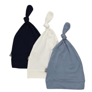 kyte baby rayon made from bamboo baby beanie soft knotted caps, 3 pack (newborn, navy/cloud/slate)