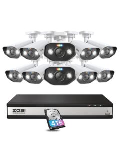 zosi 16ch 4k spotlight home poe security camera system,h.265+ 16channel 8mp nvr with 4tb hdd,10pcs 5mp outdoor poe ip cameras,2 way audio,night vision,person/vehicle detection,for 24-7 recording