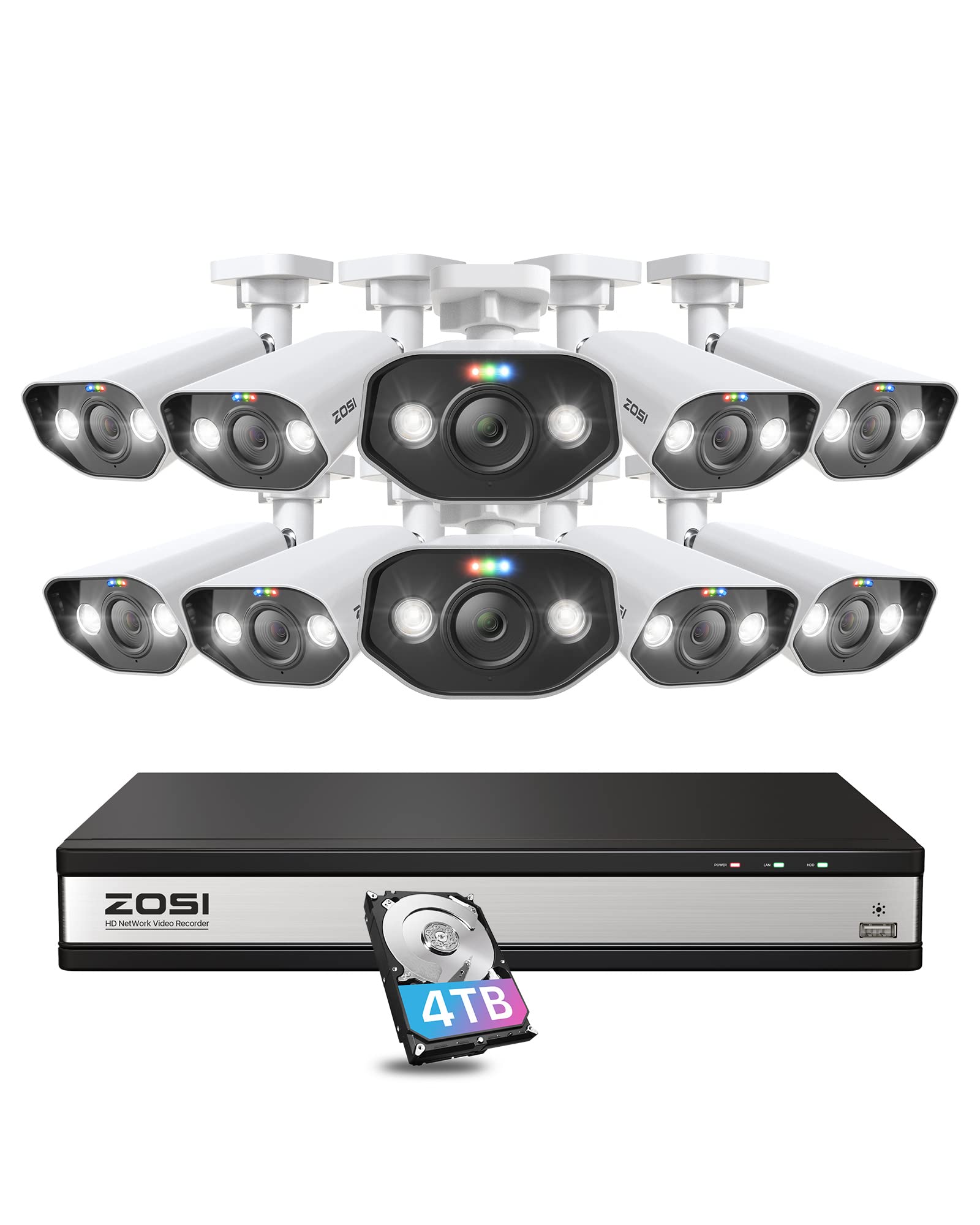 ZOSI 16CH 4K Spotlight Home PoE Security Camera System,H.265+ 16Channel 8MP NVR with 4TB HDD,10pcs 5MP Outdoor PoE IP Cameras,2 Way Audio,Night Vision,Person/Vehicle Detection,for 24-7 Recording