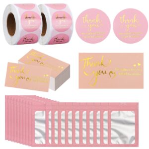 lefiocky 1120 pcs thank you stickers and cards sets 1.5 inch thank you for supporting my small business with gold lettering, tiny thank you cards and resealable packaging bag for business - pink