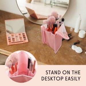 LEEFONE Makeup Brush Organizer Bag, Pink Travel Makeup Brush Holder, High Capacity Portable Waterproof Dust-Free Stand-Up Makeup Brush Holder with Divider for Women Girls