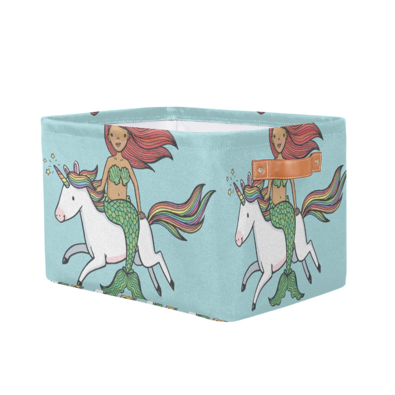 Cute Mermaid Rectangular Storage Basket, Mermaid Unicorn Fabric Storage Bin with Leather Handles Collapsible Storage Bin Nursery Hamper for Organizing Toys, Clothes, Books, Gift Baskets-1 Pcs