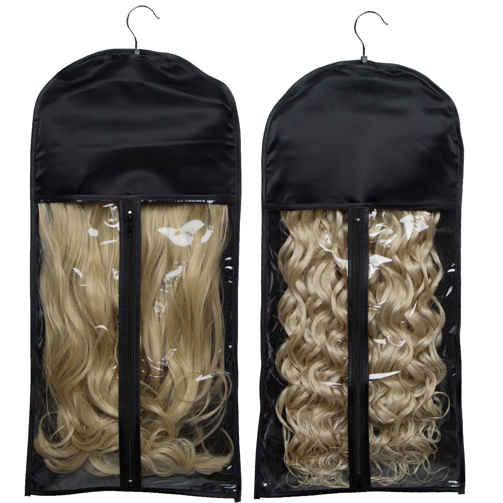 2 Pack Hair Extension Holder with Satin Storage Bag Wig Hanger Hairpieces Bag Wigs Carrier Case for Store Style Human Synthetic Hair Black Color