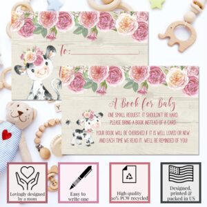 Amanda Creation Watercolor Pink Floral Cow “Bring a Book” Cards for Baby Showers, 20 2.5 by 4 Inch Double Sided Insert Cards, Invite Guests to Bring a Book for the Baby