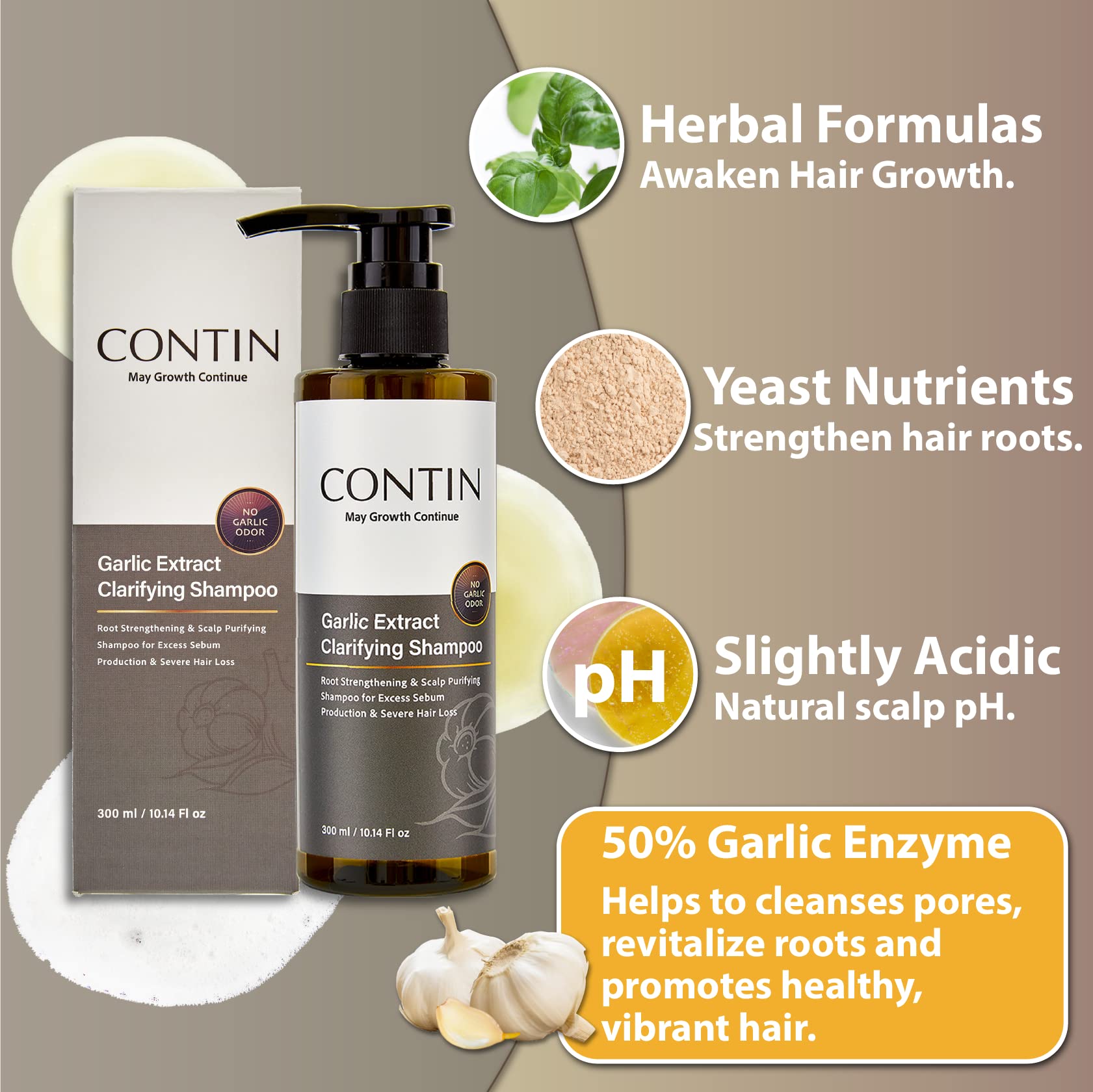 CONTIN Garlic Shampoo for Oily Sensitive Hair, Natural Scalp Treatment for Hair Loss and Hair Growth, Anti-Thinning and Anti-Dandruff for Thicker Fuller Hair, Follicle Clarifying, Roots Strengthening, Unscented Hair Care Products for Men and Women, 10.14