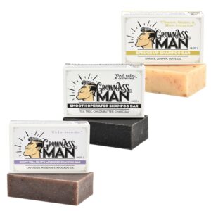 grown ass man co. - solid shampoo bar rich lather 3 in 1: hair, beard & body wash - plastic free & eco-friendly, natural & organic for all hair types, 4oz bar (the gentleman, 3-pack)