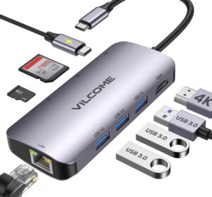 usb c hub multiport adapter, vilcome 8 in 1 usb c hub with gigabit ethernet, 4k hdmi, 100w pd charging, usb 3.0 5gbps data ports, sd/tf card reader, for macbook pro/air hp dell laptop