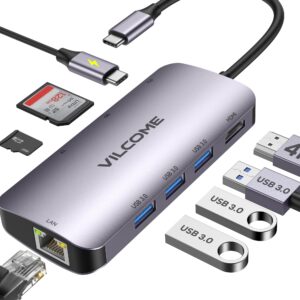 USB C Hub Multiport Adapter, Vilcome 8 in 1 USB C Hub with Gigabit Ethernet, 4K HDMI, 100W PD Charging, USB 3.0 5Gbps Data Ports, SD/TF Card Reader, for MacBook Pro/Air HP Dell Laptop