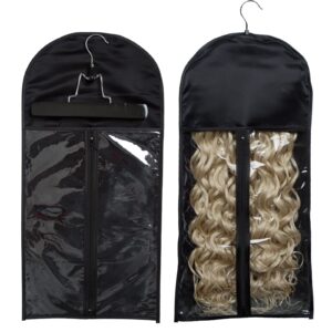 2 Pack Hair Extension Holder with Satin Storage Bag Wig Hanger Hairpieces Bag Wigs Carrier Case for Store Style Human Synthetic Hair Black Color