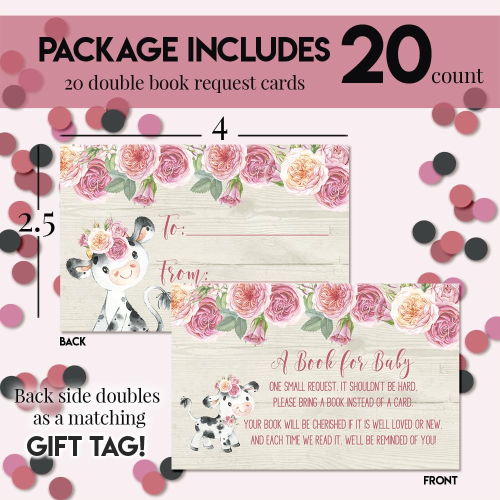 Amanda Creation Watercolor Pink Floral Cow “Bring a Book” Cards for Baby Showers, 20 2.5 by 4 Inch Double Sided Insert Cards, Invite Guests to Bring a Book for the Baby