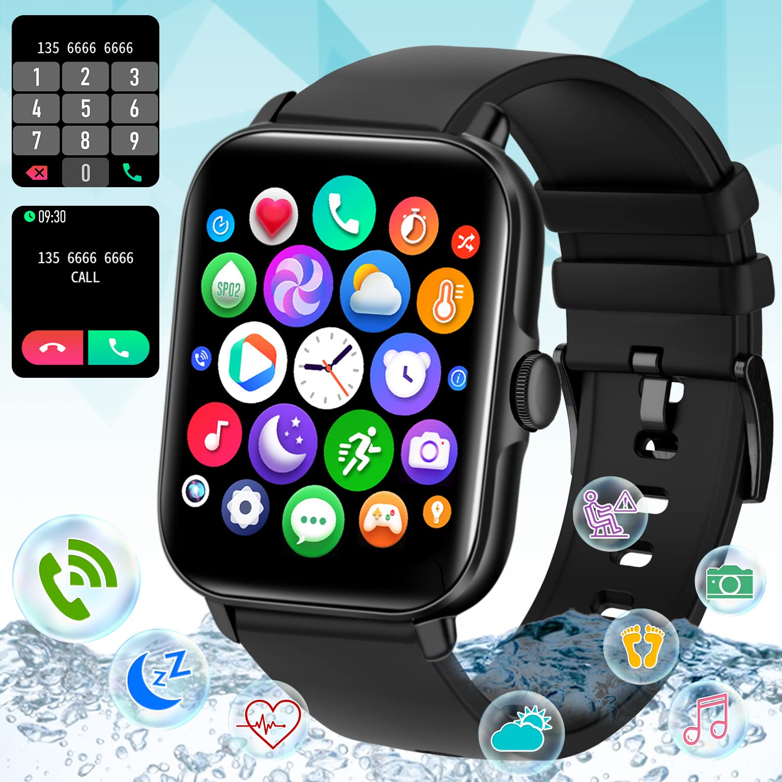 Smart Watch,Fitness Watch with Heart Rate Blood Pressure Monitor IP67 Waterproof Bluetooth Phone Watch(Make/Answer Call) with AI Voice Control,1.7" Smartwatch for Android iOS Phones Men Women Black