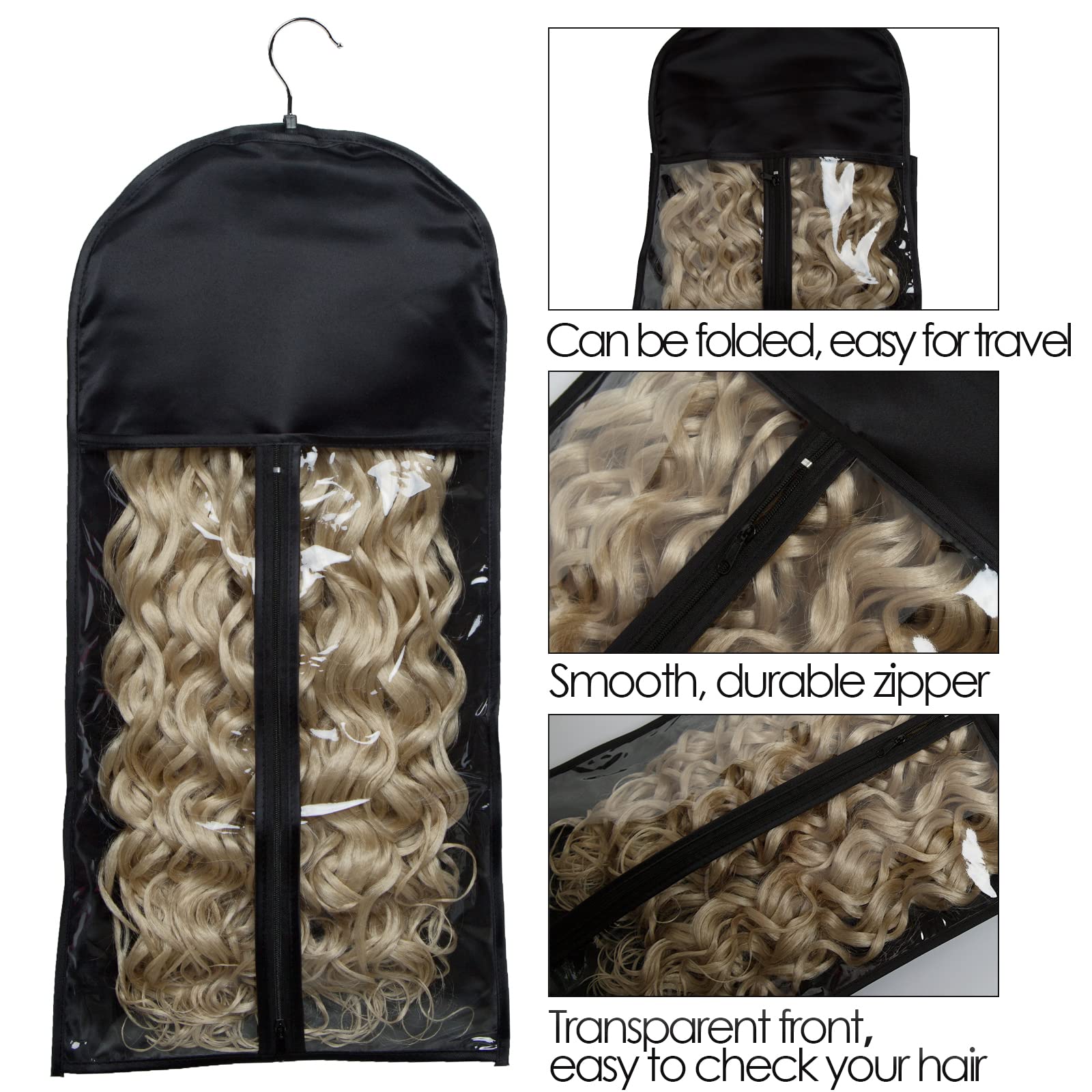 2 Pack Hair Extension Holder with Satin Storage Bag Wig Hanger Hairpieces Bag Wigs Carrier Case for Store Style Human Synthetic Hair Black Color