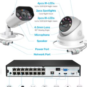 ZOSI 4K 16CH Spotlight PoE Security Camera System with 4TB HDD,Person Vehicle Detection,H.265+ 16Channel 8MP NVR,16pcs 4K PoE IP Cameras Outdoor,2 Way Audio,Sound and Light Alarm,for 24/7 Recording