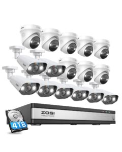 zosi 4k 16ch spotlight poe security camera system with 4tb hdd,person vehicle detection,h.265+ 16channel 8mp nvr,16pcs 4k poe ip cameras outdoor,2 way audio,sound and light alarm,for 24/7 recording