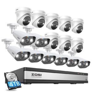 ZOSI 4K 16CH Spotlight PoE Security Camera System with 4TB HDD,Person Vehicle Detection,H.265+ 16Channel 8MP NVR,16pcs 4K PoE IP Cameras Outdoor,2 Way Audio,Sound and Light Alarm,for 24/7 Recording