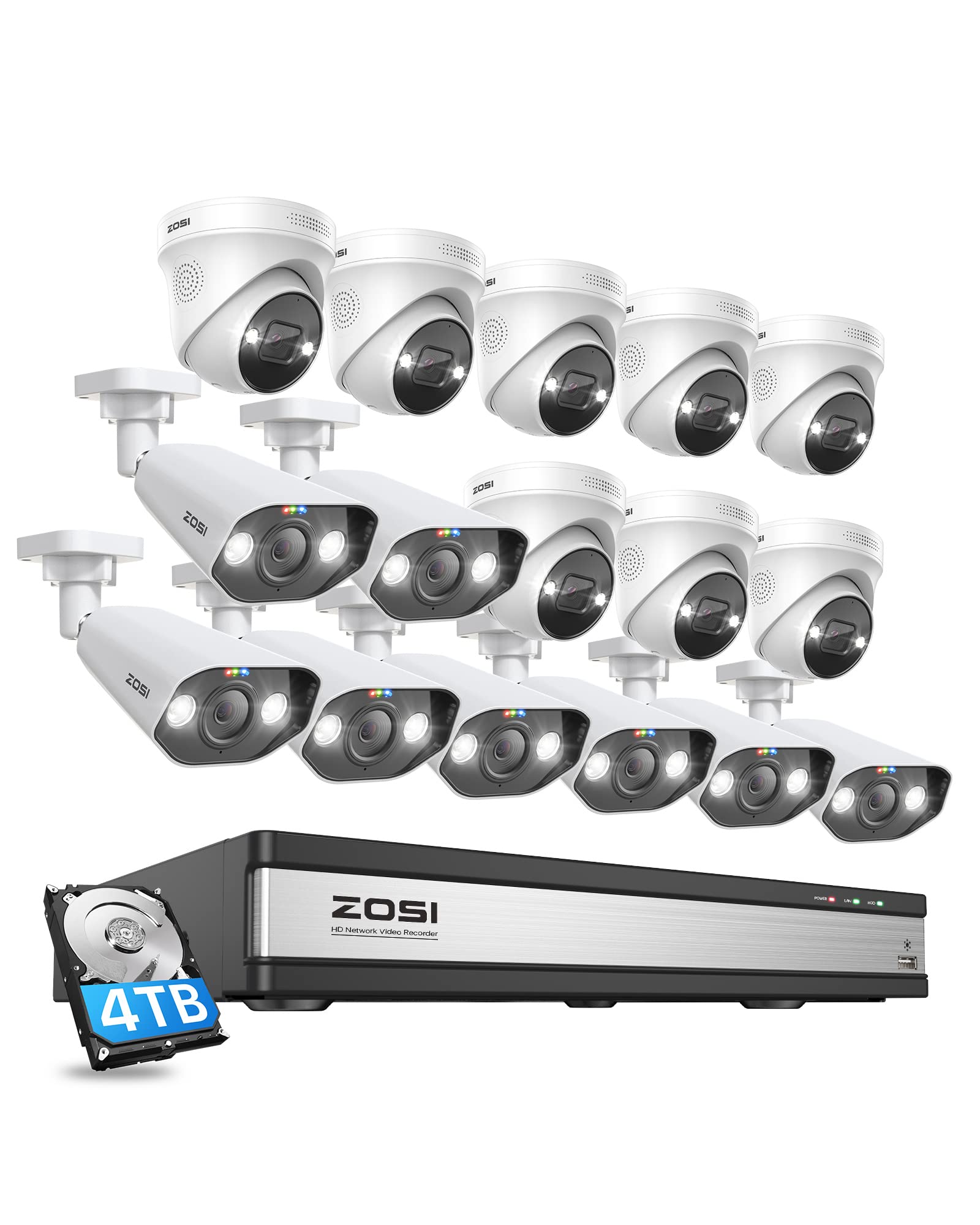 ZOSI 4K 16CH Spotlight PoE Security Camera System with 4TB HDD,Person Vehicle Detection,H.265+ 16Channel 8MP NVR,16pcs 4K PoE IP Cameras Outdoor,2 Way Audio,Sound and Light Alarm,for 24/7 Recording