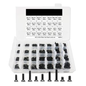 youngran 840pcs countersunk flat head for phillips screw set m1.4 m1.6 m2 m2.5 m3 carbon steel black computer notebook laptop small screws leisurely