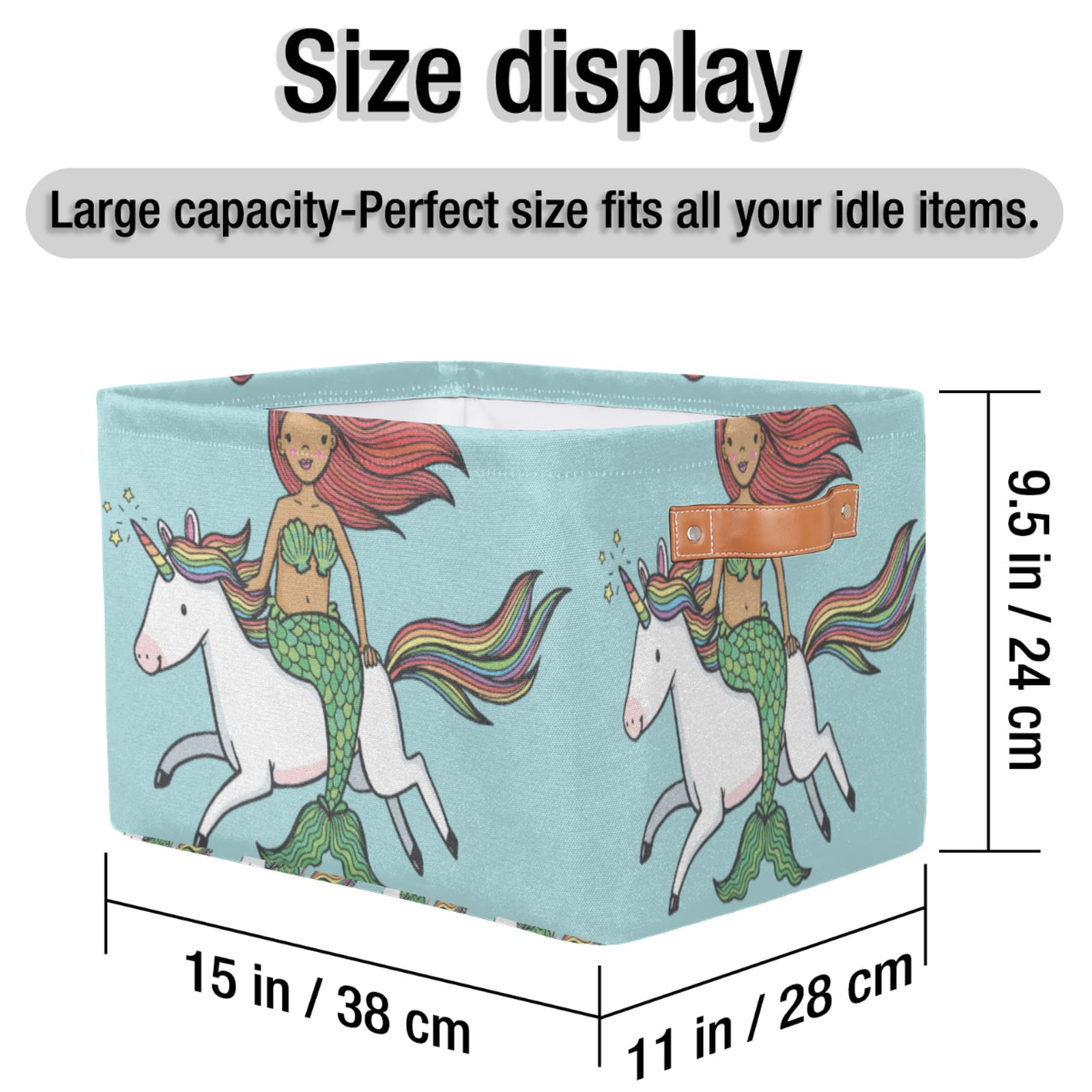 Cute Mermaid Rectangular Storage Basket, Mermaid Unicorn Fabric Storage Bin with Leather Handles Collapsible Storage Bin Nursery Hamper for Organizing Toys, Clothes, Books, Gift Baskets-1 Pcs