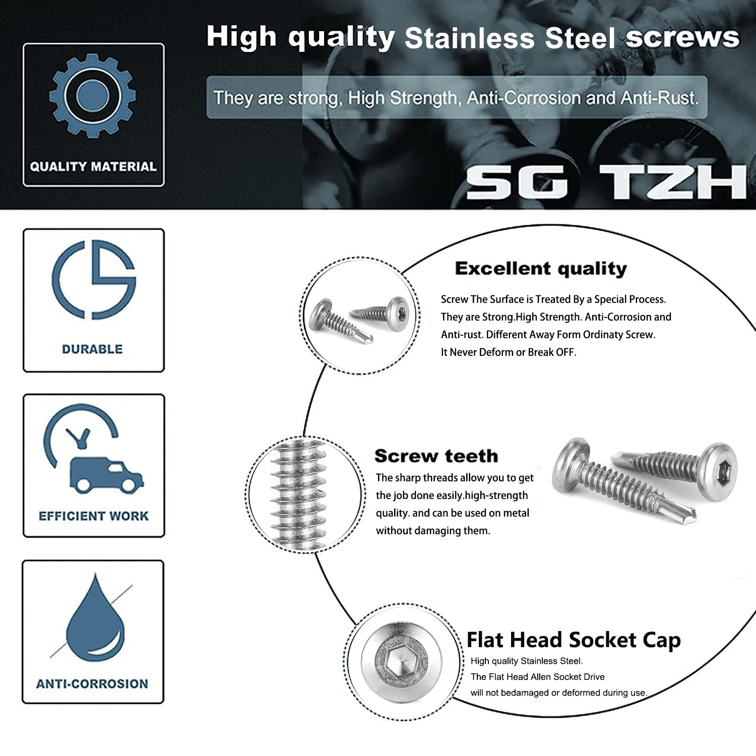 #12 x 1" Sheet Metal Screws 100Pcs 410 Stainless Steel Flat Head Socket Cap Screws, Tek Screws Allen Socket Drive Screws Fast Self Tapping Screws by SG TZH