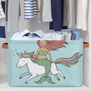 Cute Mermaid Rectangular Storage Basket, Mermaid Unicorn Fabric Storage Bin with Leather Handles Collapsible Storage Bin Nursery Hamper for Organizing Toys, Clothes, Books, Gift Baskets-1 Pcs