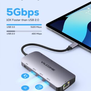 USB C Hub Multiport Adapter, Vilcome 8 in 1 USB C Hub with Gigabit Ethernet, 4K HDMI, 100W PD Charging, USB 3.0 5Gbps Data Ports, SD/TF Card Reader, for MacBook Pro/Air HP Dell Laptop