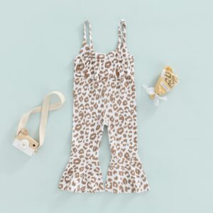 brilliantme Toddler Girl Bell Bottom Romper Baby Leopard One Piece Ribbed Cotton Jumpsuit Flare Pants Overalls Playsuit Summer Clothes (B# Leopard-White Brown, 6-12 Months)