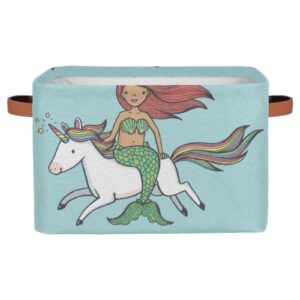 cute mermaid rectangular storage basket, mermaid unicorn fabric storage bin with leather handles collapsible storage bin nursery hamper for organizing toys, clothes, books, gift baskets-1 pcs