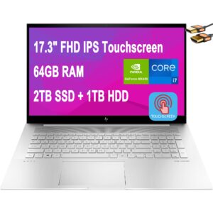 hp envy 17 laptop 17.3" fhd ips touchscreen (100% srgb) 11th gen intel quad-core i7-1165g7 64gb ram 2tb ssd + 1tb hdd geforce mx450 2gb backlit kb fingerprint usb-c b&o win11 silver + hdmi cable